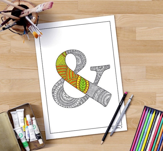 Zentangle alphabet adult coloring page '&' character | Etsy