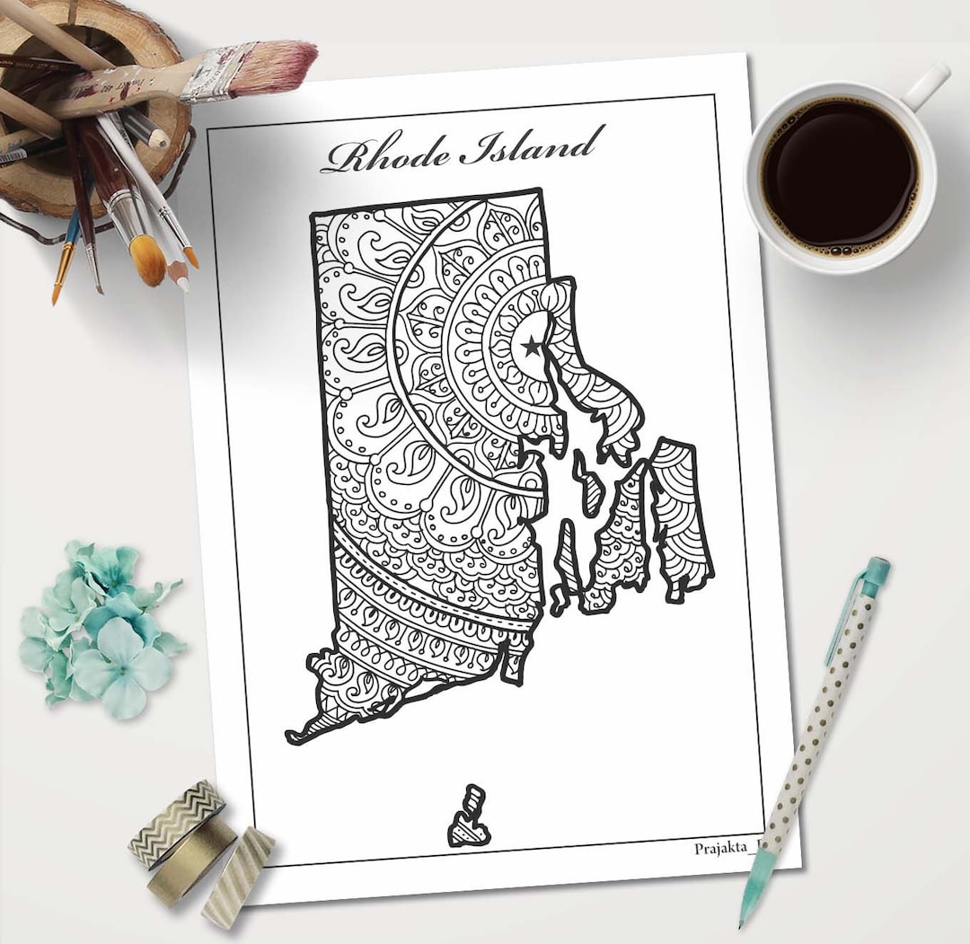 Rhode Island Decorative Map Coloring Page for Adults, United States ...