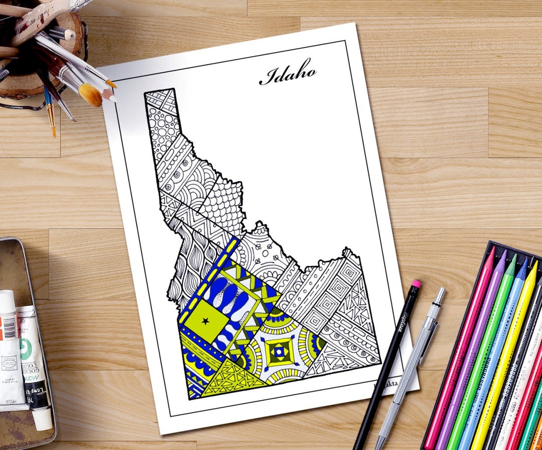 Idaho State Map Coloring Page for Adults, Patriotic Printable Art ...