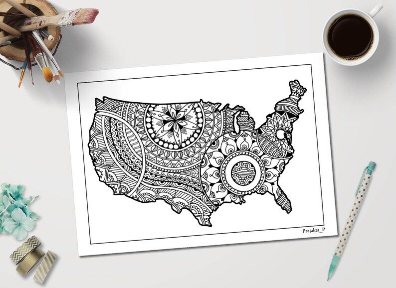 USA Map Printable Adult Coloring Page Inspired by Zentangle | Etsy