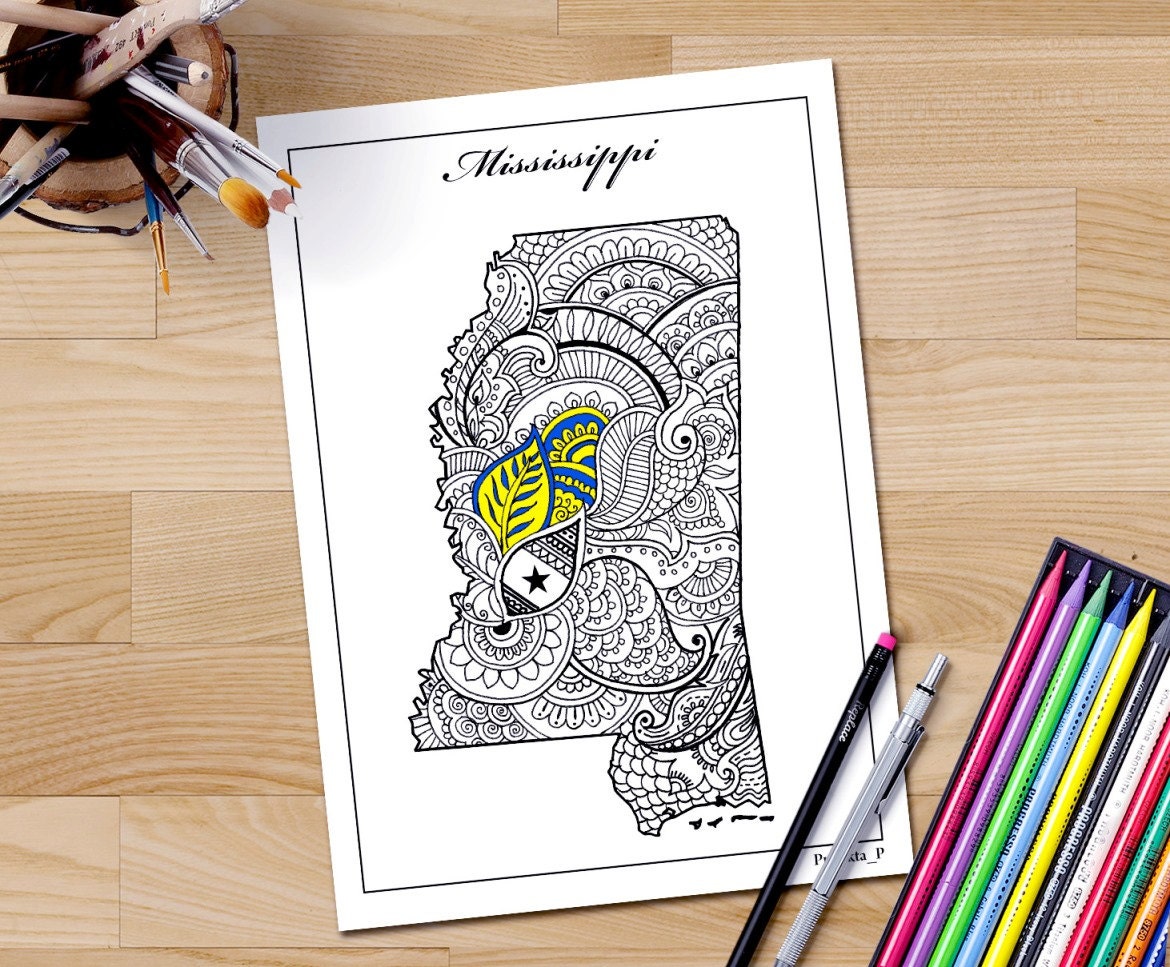 Mississippi state map adult coloring page Zentangle USA | Etsy