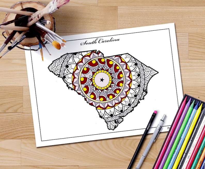 South Carolina state map adult coloring page printable | Etsy