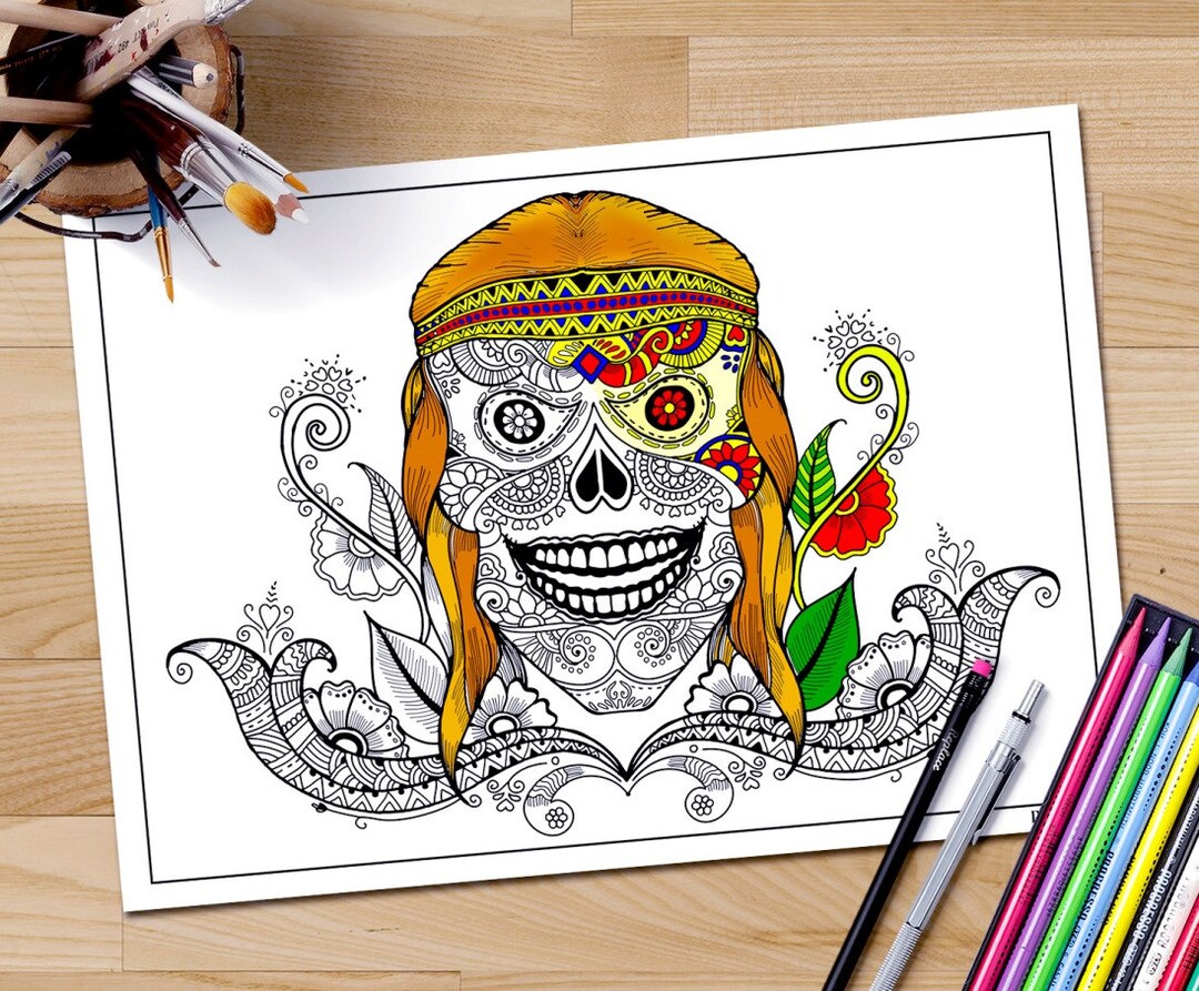Skull Head Coloring Page for Adults, Hippie Skull Printable Coloring ...