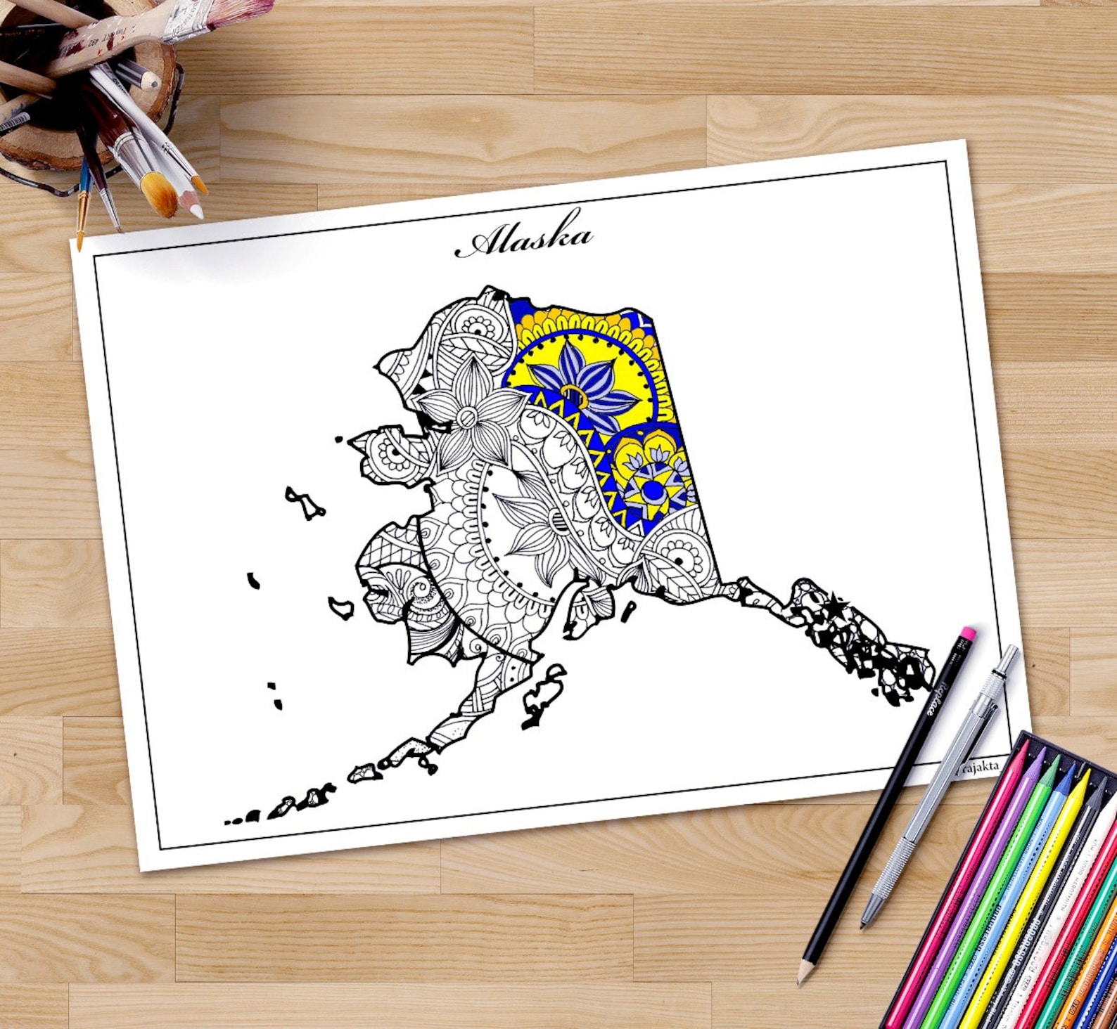 Alaska map adult coloring page USA map coloring page adult | Etsy
