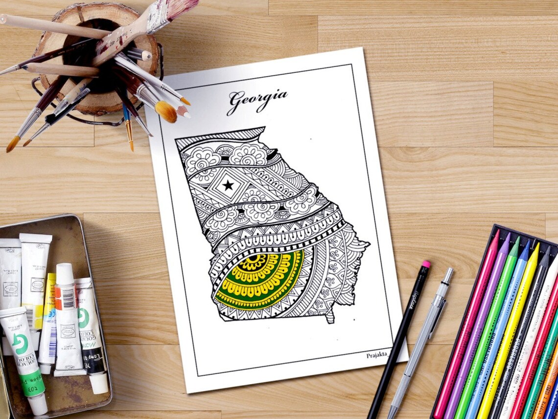 Georgia state map decorative maps usa adult coloring united | Etsy