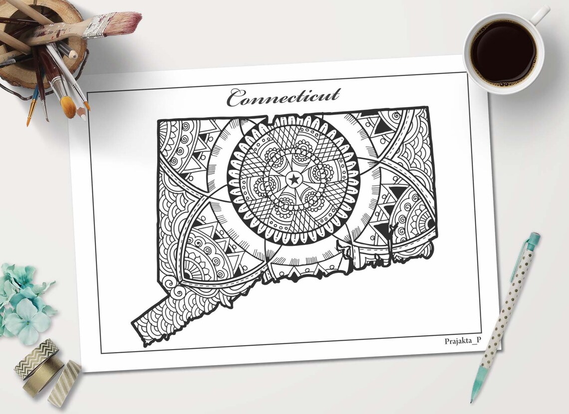 Connecticut Map Adult Coloring Page USA Maps Instant Download | Etsy
