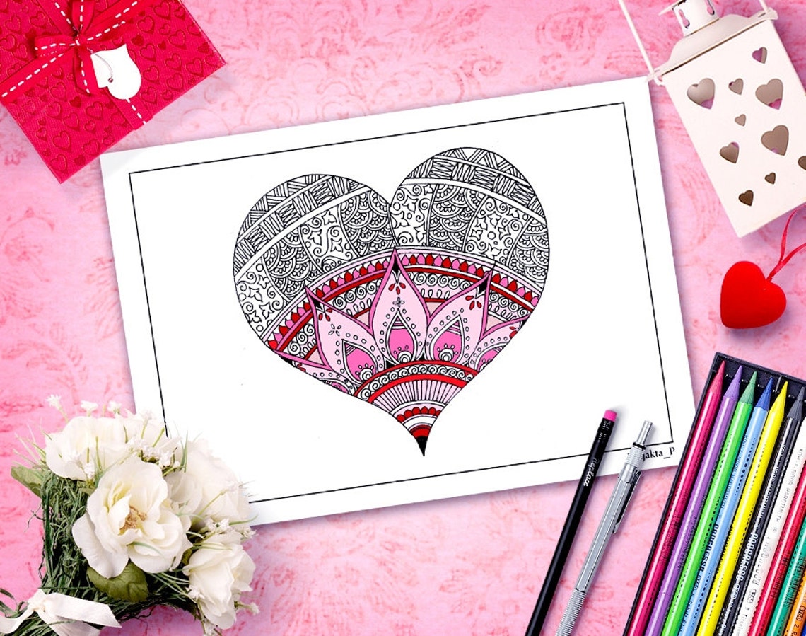 Valentine coloring pages Zentangle heart adult coloring book | Etsy
