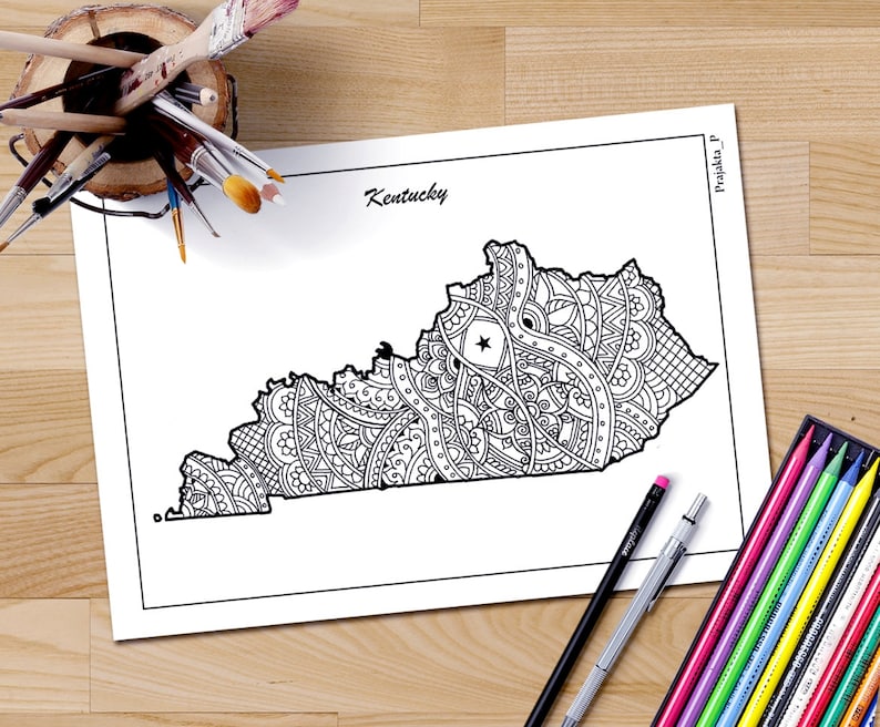 Kentucky Map Coloring Page for Adults Instant Download | Etsy