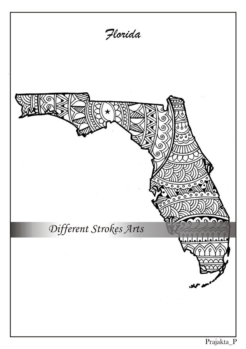 Florida Map Coloring Page for Adults USA Map Art Printable - Etsy