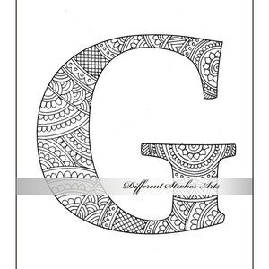 Zentangle alphabet coloring pages for adults letter G doodle | Etsy