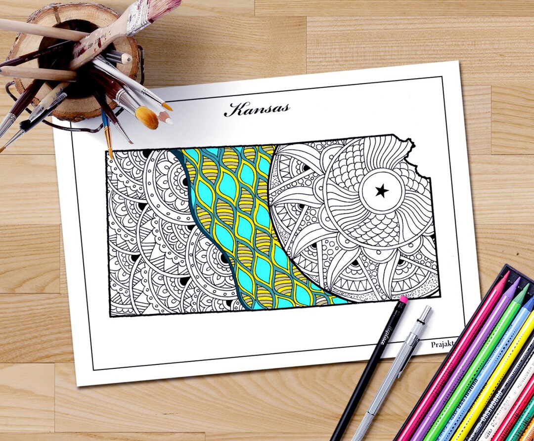 Adult Coloring Pages Instant Download Kansas Map, Coloring Doodle Map ...