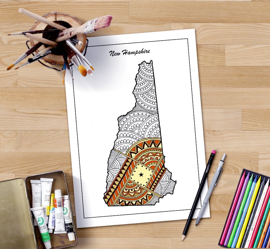 New Hampshire State Map Coloring Page for Adults Map Art - Etsy