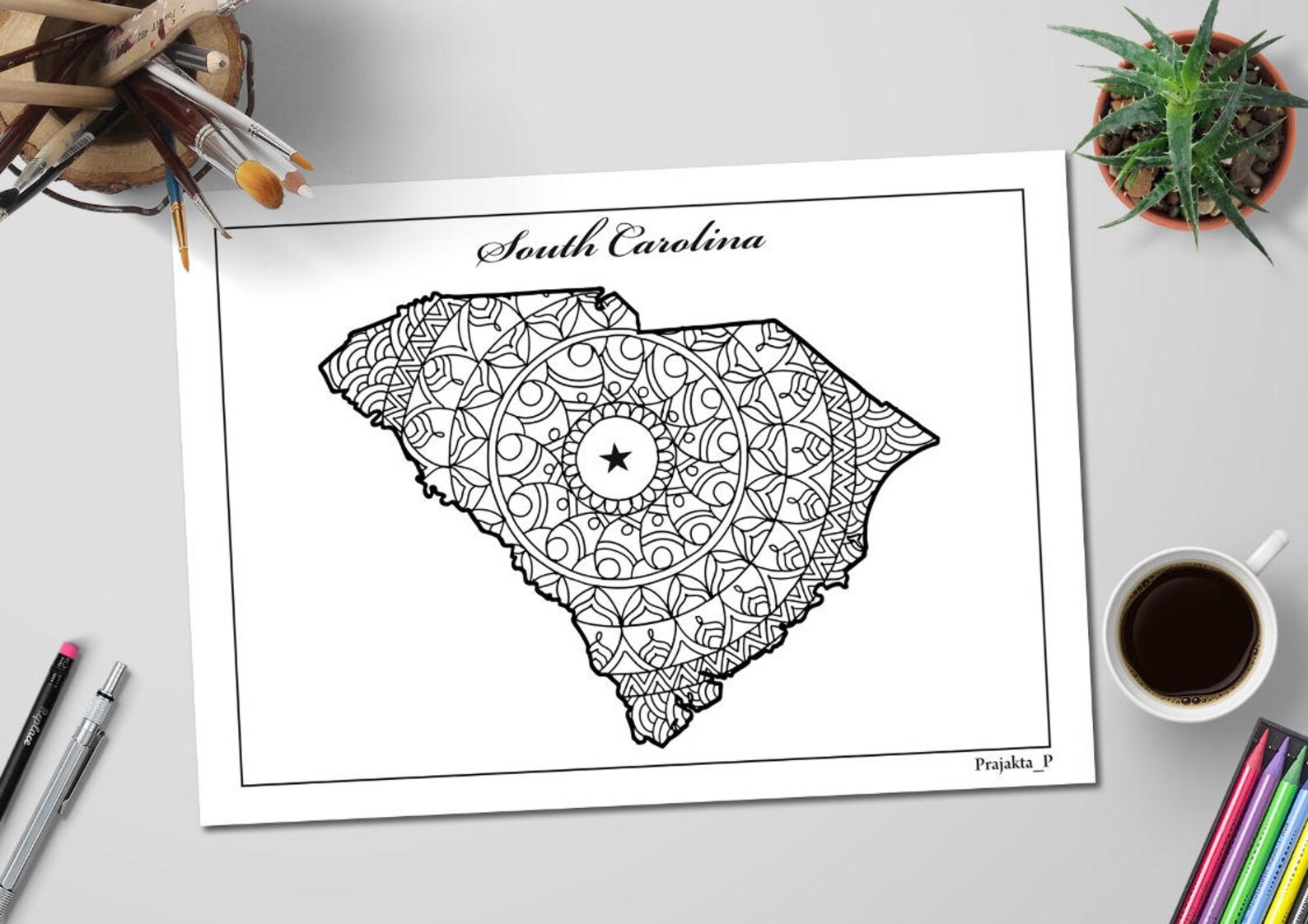 South Carolina state map adult coloring page printable | Etsy