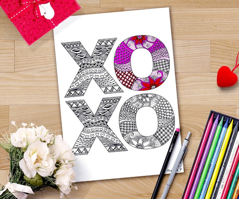 XOXO sign zentangle coloring pages for adults follow your | Etsy
