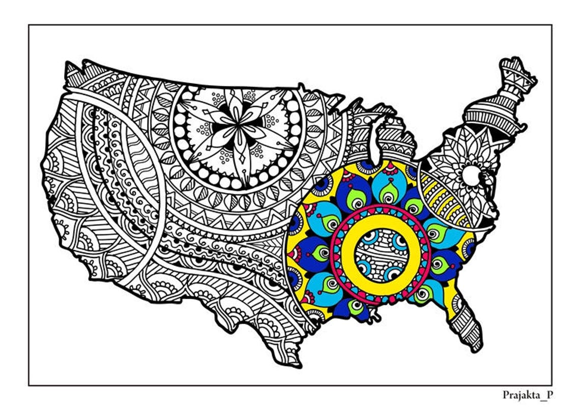 USA Map Printable Adult Coloring Page Inspired by Zentangle | Etsy