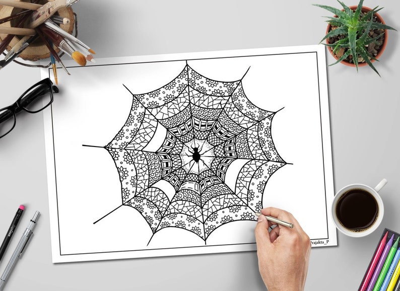 Halloween coloring pages spider web Zentangle spiderweb | Etsy
