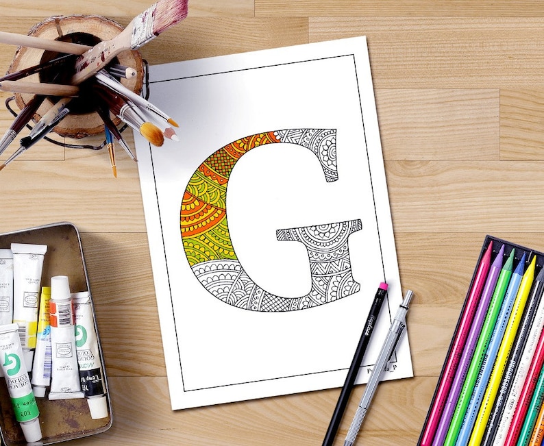 Zentangle alphabet coloring pages for adults letter G doodle | Etsy