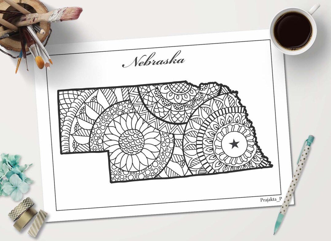 Nebraska Map Coloring Page, Patriotic Printable Art, State Map Mandala ...