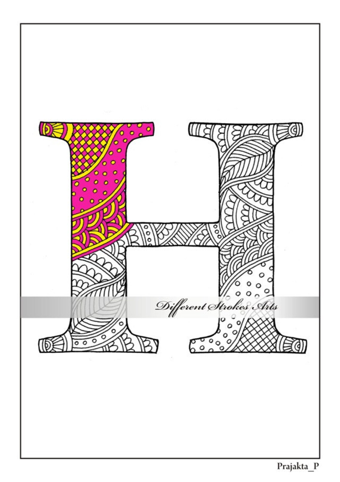 Zentangle alphabet coloring pages for adults letter H henna | Etsy