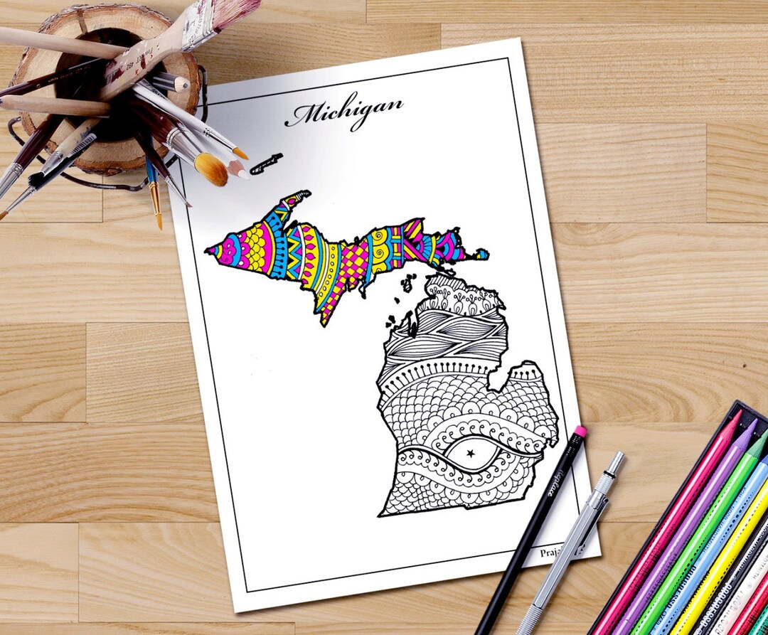 Adult Coloring Page Michigan Map, USA Maps Coloring Pages for Adults ...