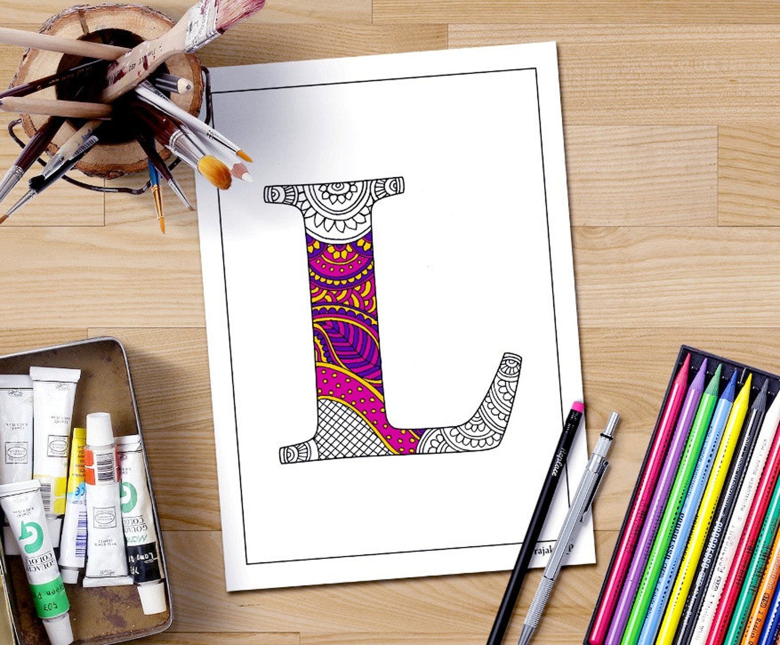 Zentangle alphabet coloring page letter L to color for | Etsy