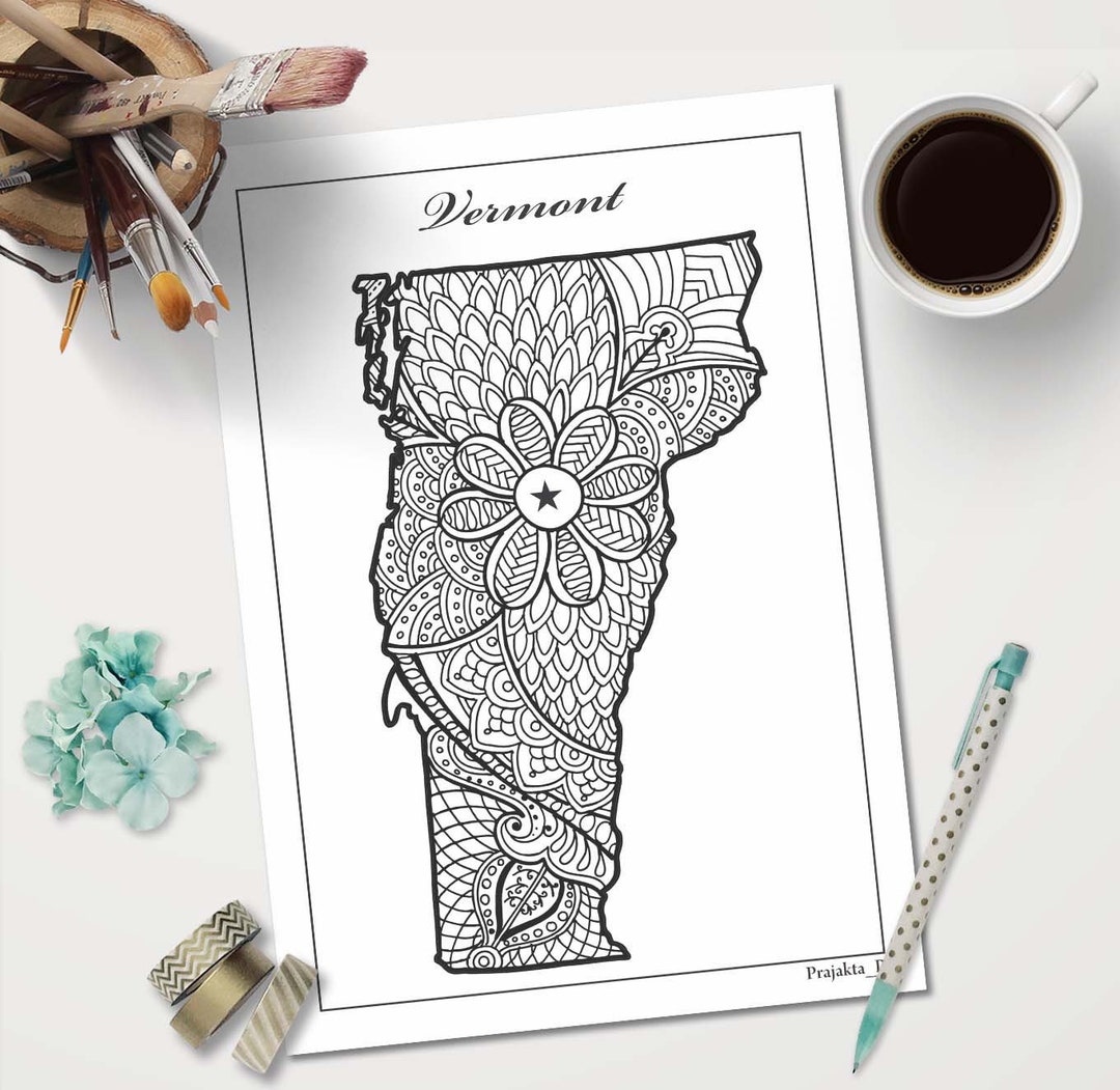 Vermont State Map Coloring Page, Patriotic Printable Art, State Map ...