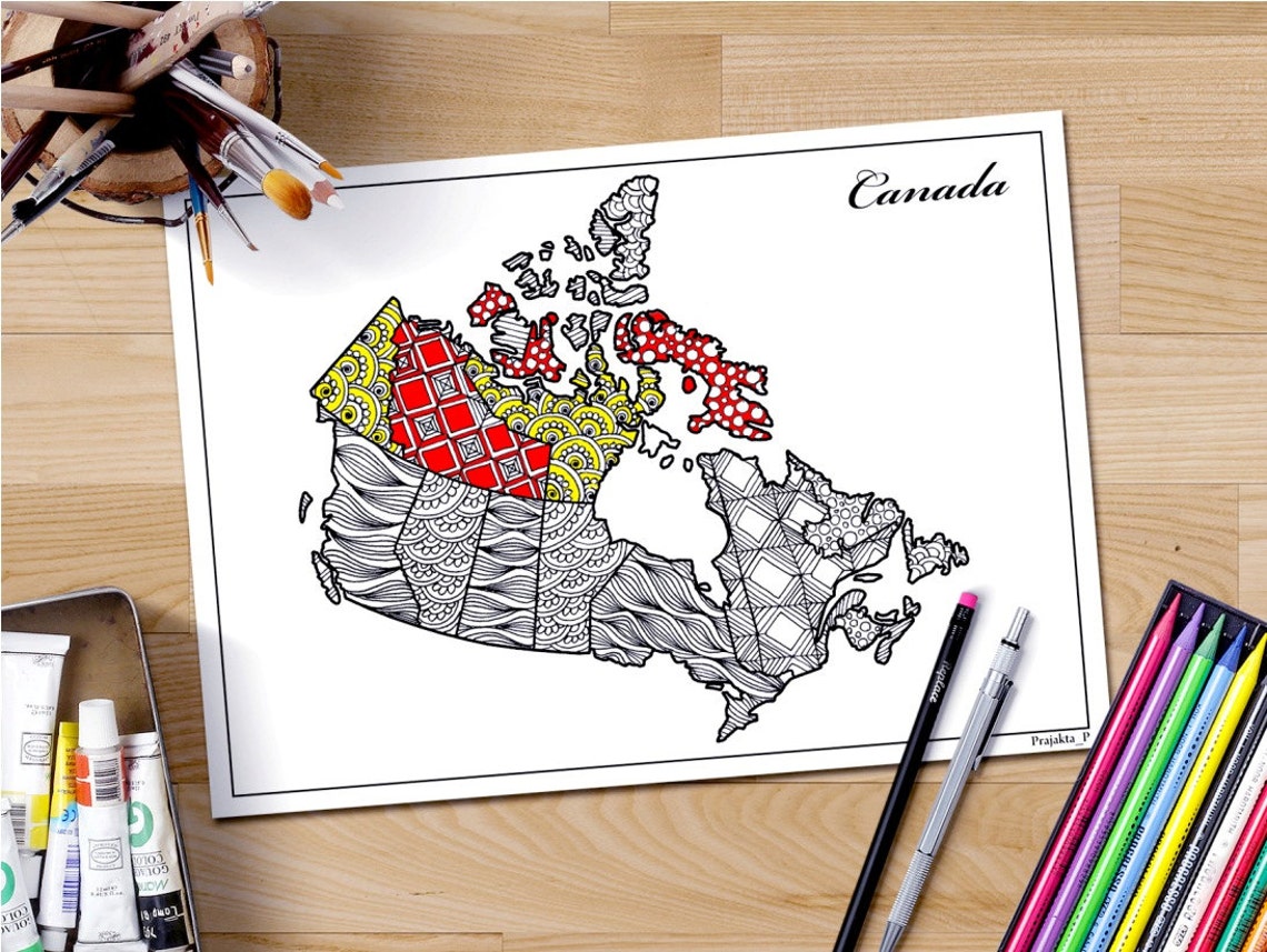 Adult coloring page Zentangle Canada colouring travel map of | Etsy