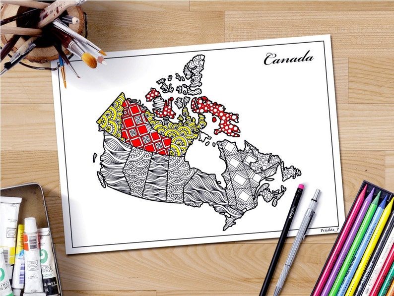 Adult coloring page Zentangle Canada colouring travel map of | Etsy