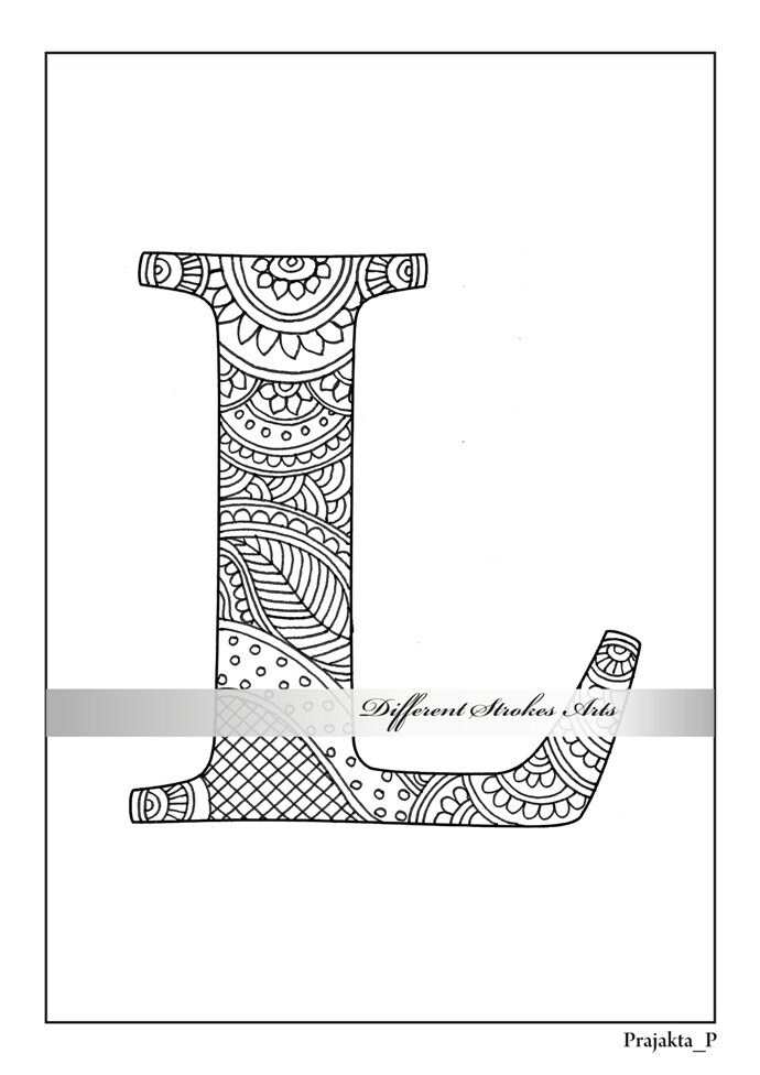 Zentangle alphabet coloring page letter L to color for | Etsy