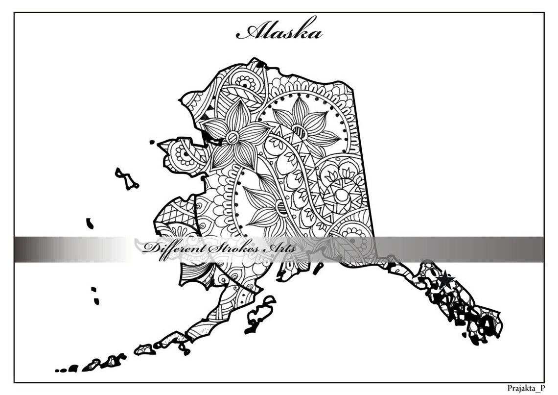 Alaska map adult coloring page USA map coloring page adult | Etsy
