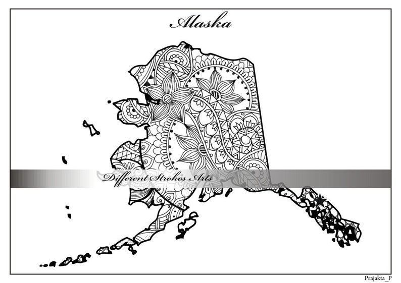 Alaska map adult coloring page USA map coloring page adult | Etsy
