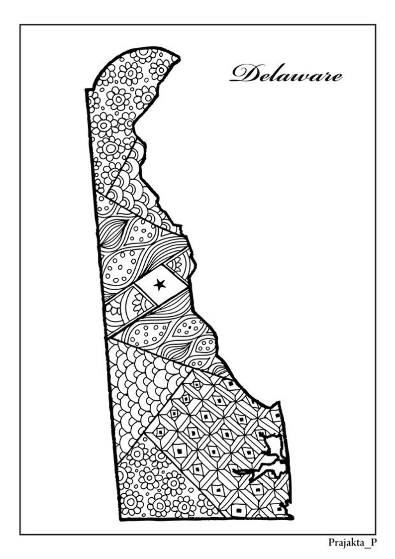 Delaware state map adult coloring page printable map art | Etsy
