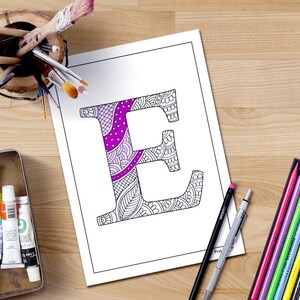 Letter coloring page zentangle alphabet E to color for | Etsy