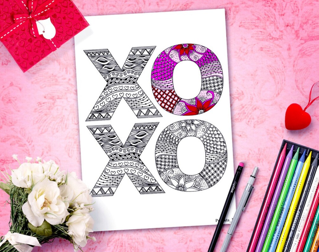 XOXO Sign Zentangle Coloring Pages for Adults, Follow Your Heart ...