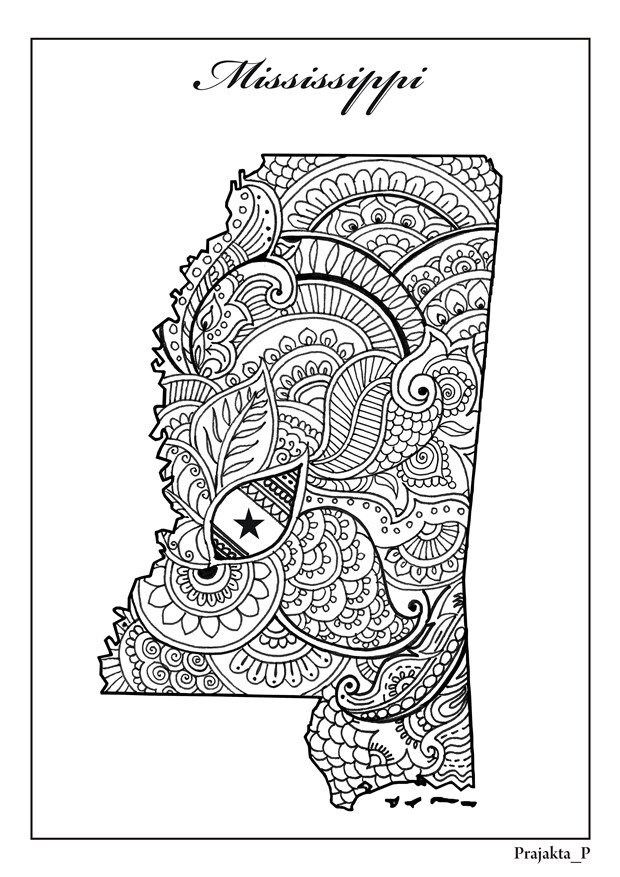 Mississippi State Map Adult Coloring Page, Zentangle USA States Map ...