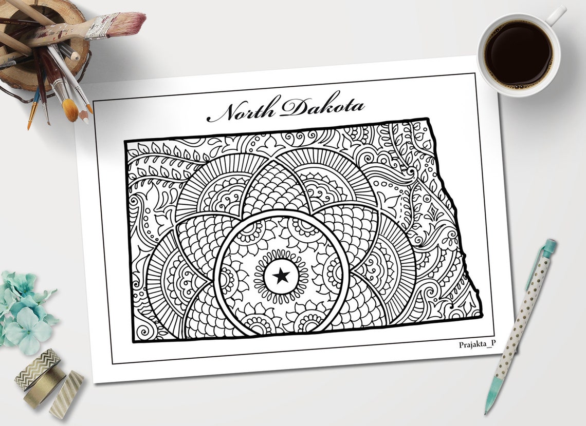 North Dakota Decorative Map Coloring Page for Adults United | Etsy