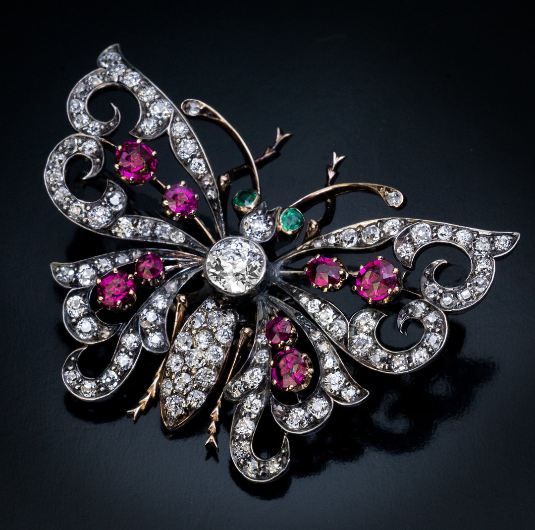 Antique Diamond Ruby Emerald Butterfly Brooch - Etsy
