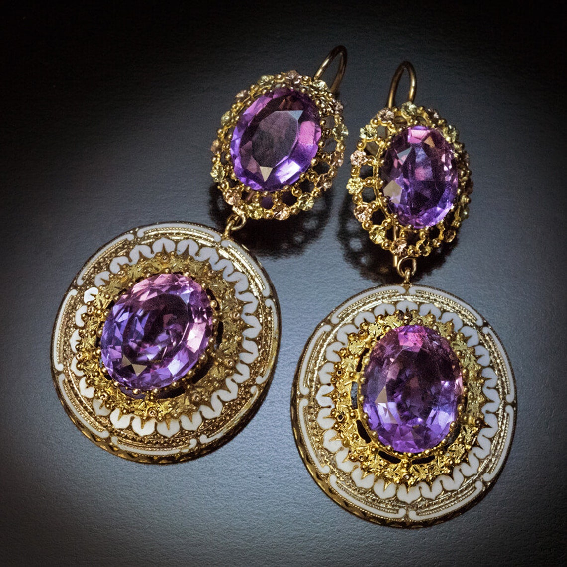 Antique Amethyst Enamel Gold Earrings - Etsy