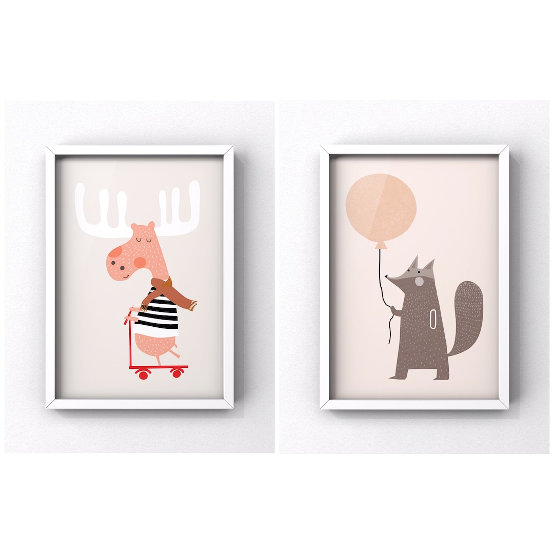 Moose and Fox Woodland Wall Art Set for Gender Neutral Nursery Room ...