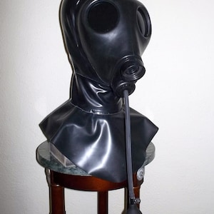 Fetish Heavy Rubber LATEX Gas Mask HOOD W/ Tinted Lenses, Twin Hoses ...