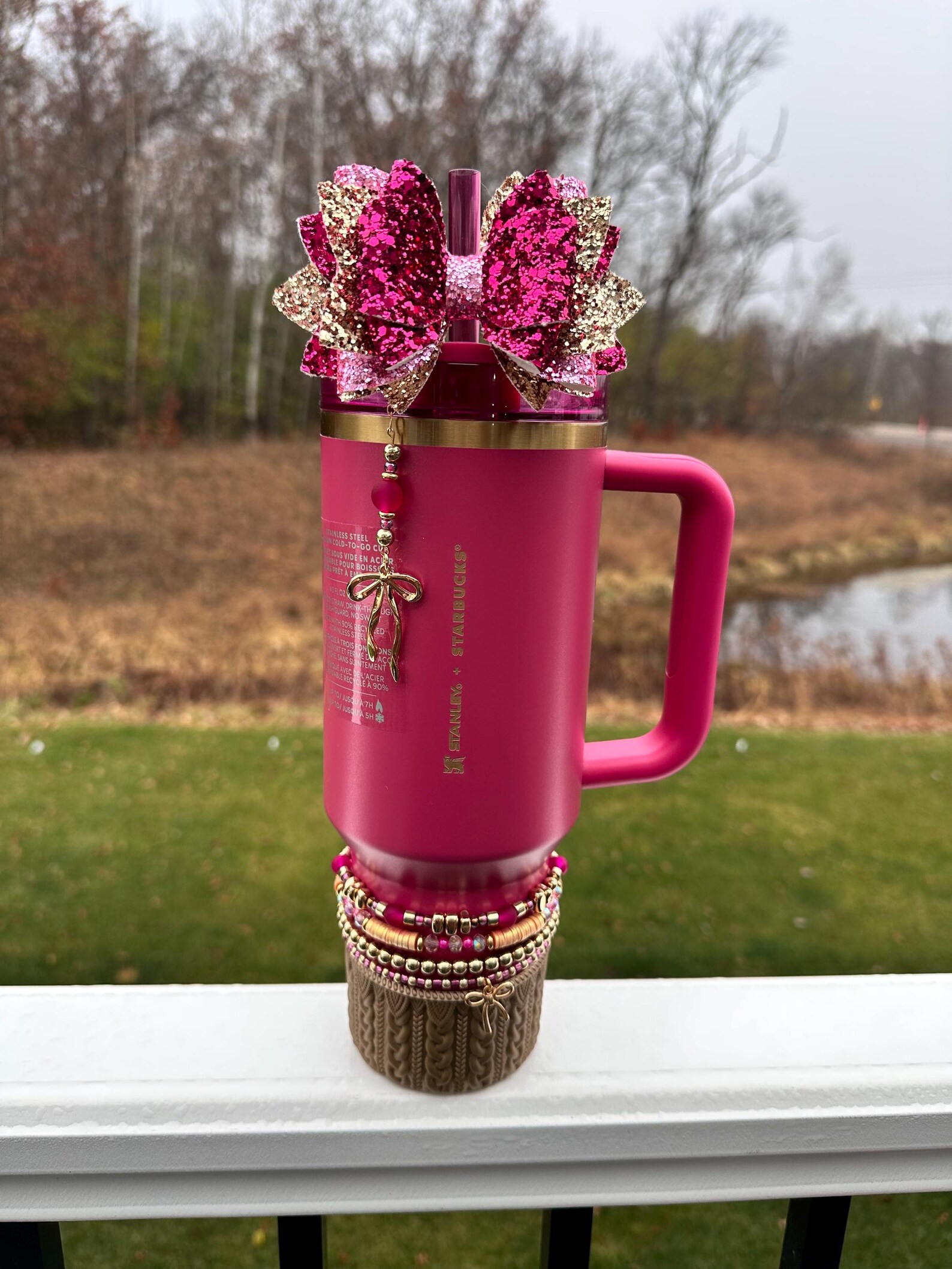 Berry Pink Glitter Straw Bow for Stanley Straw - Pink and Gold - Etsy