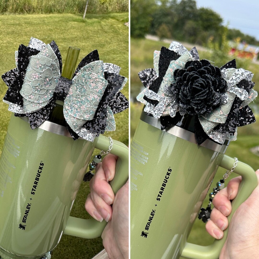 Olive Pearl Starbucks Stanley Straw Bow in Olive, Black and Silver - Etsy