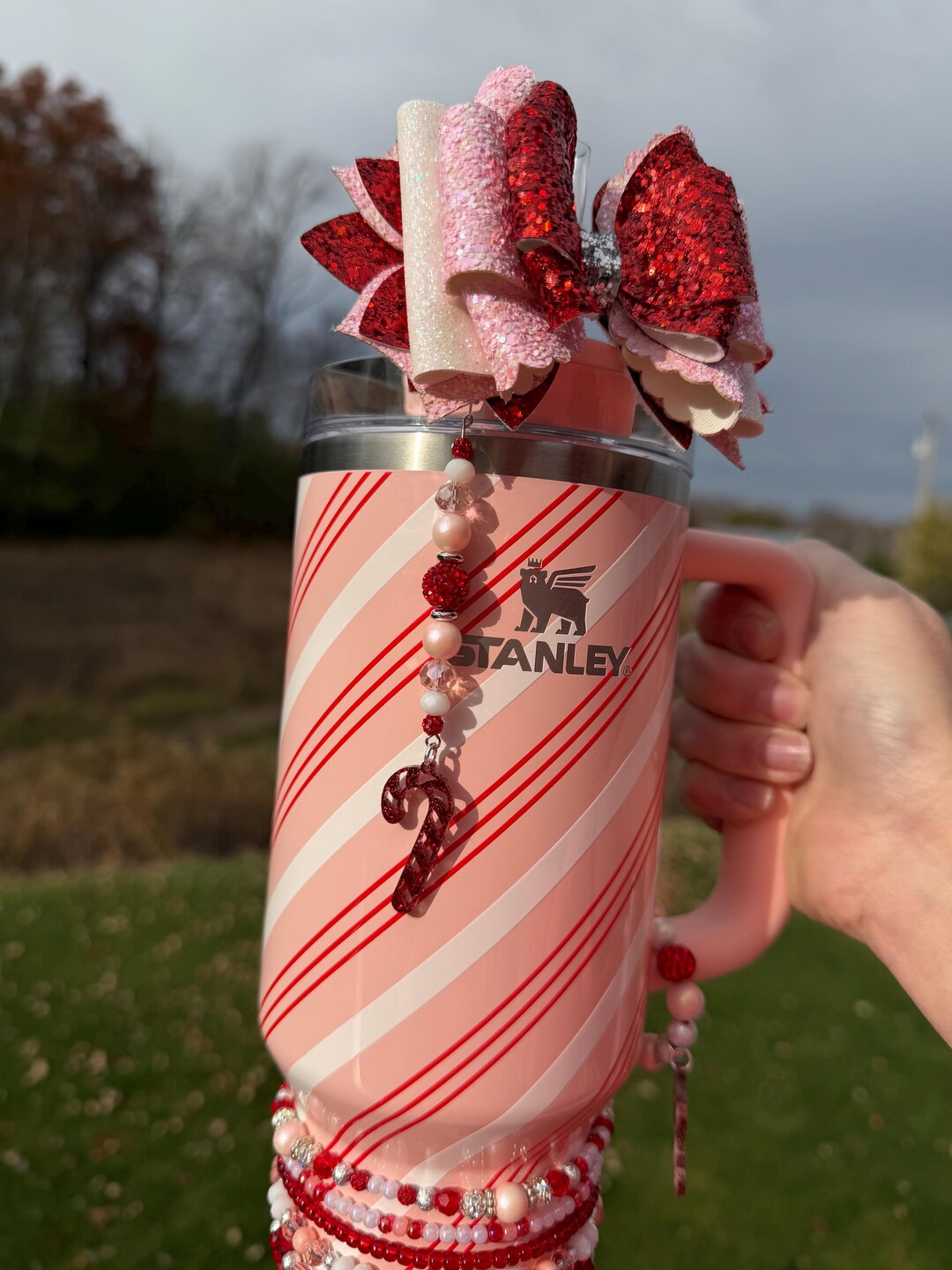 Beaded Straw Charm Dangle With Candy Cane Charm - Strawberry Cream ...