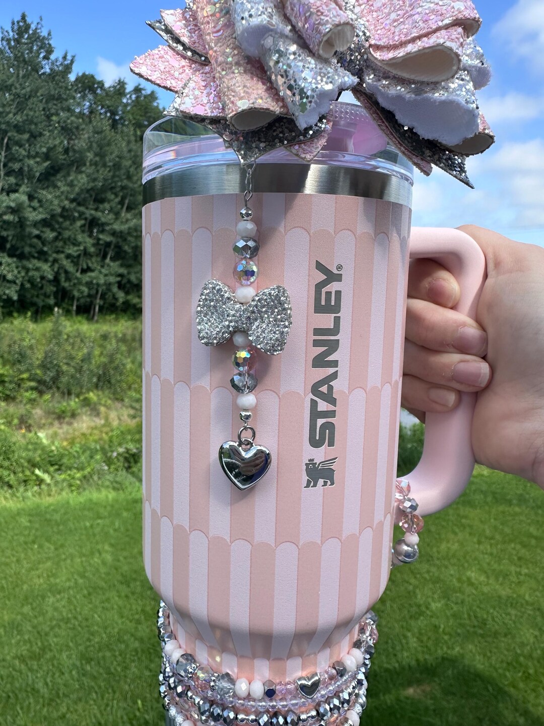 Beaded Straw Charm Dangle With Heart Charm - Stanley Tea Rose Tile and ...