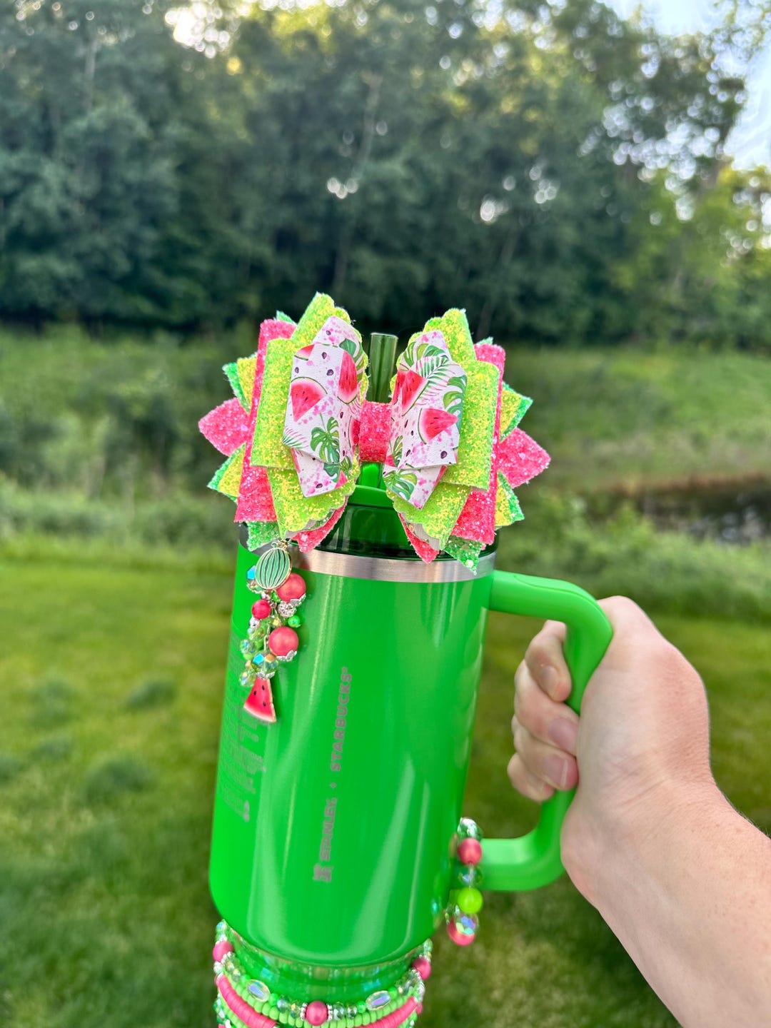 Watermelon Starbucks Stanley Summer Green Straw Bow - Green and Coral ...