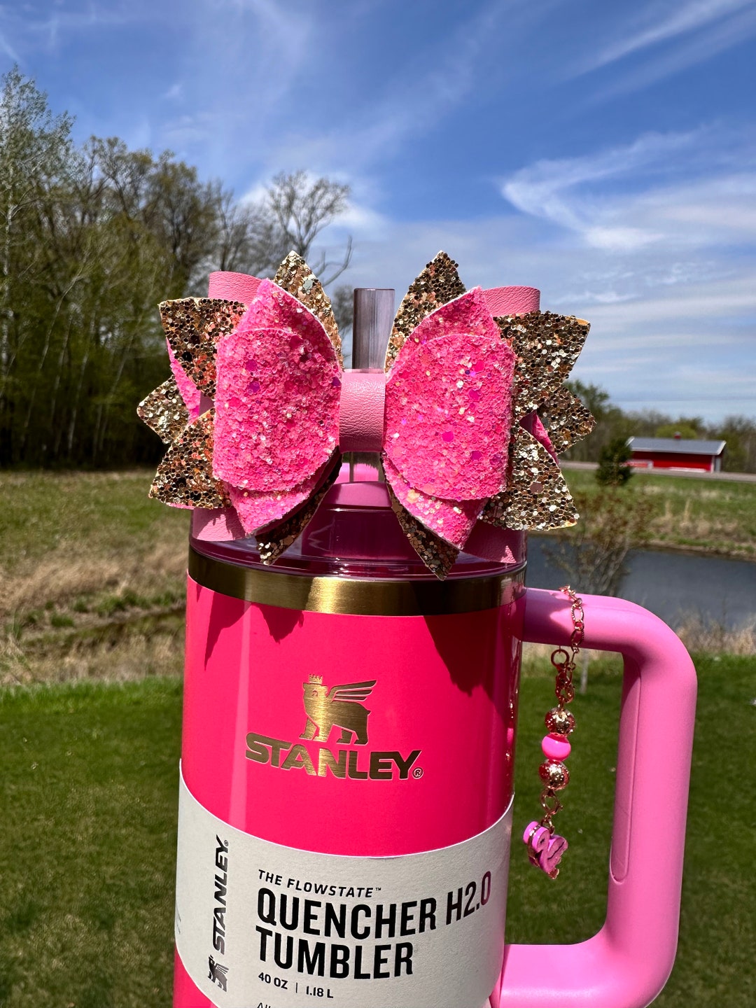 Pink Parade Straw Topper Bow - Pink and Gold Bow - Etsy