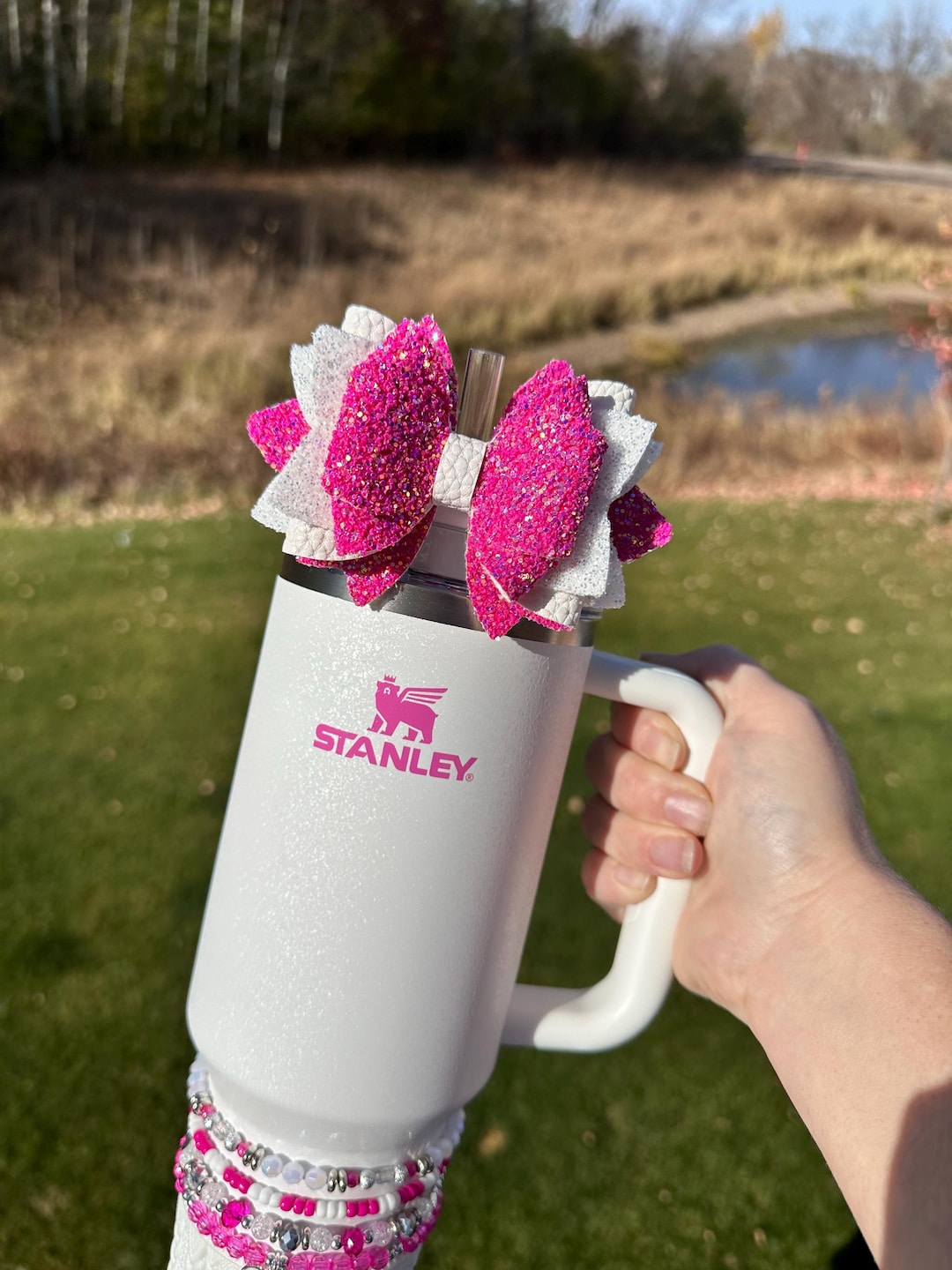 Crystal Crush Stanley Straw Bow - Pink and White - Etsy