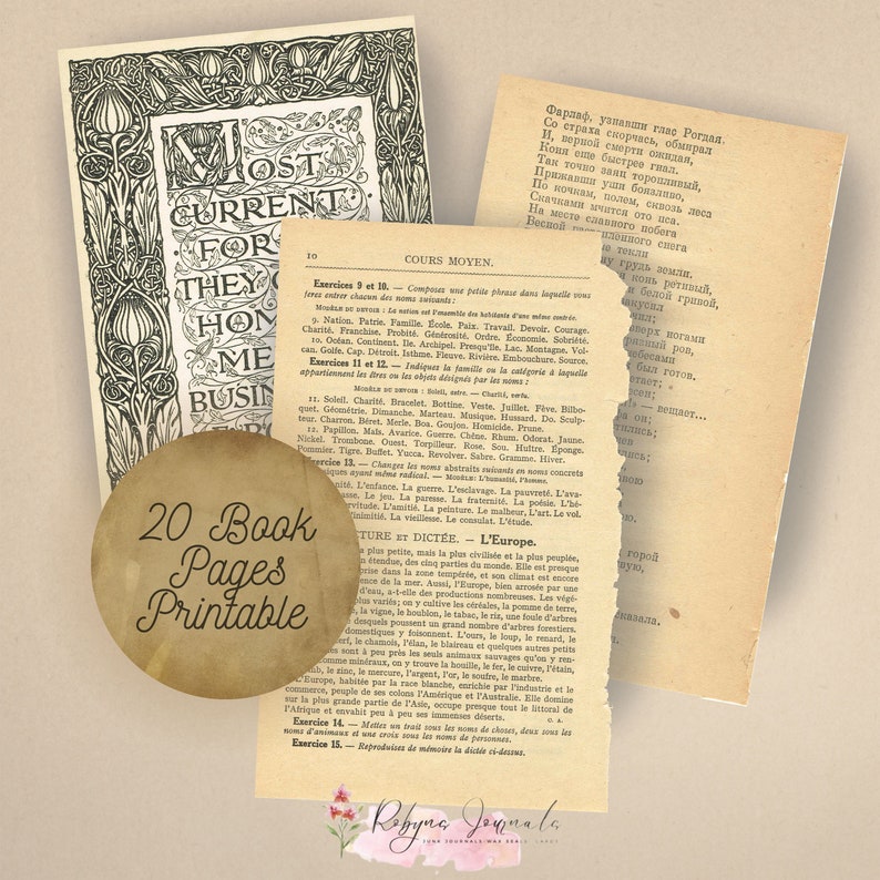 Vintage Book Page Printable Digital Download - Set of 20 Authentic ...