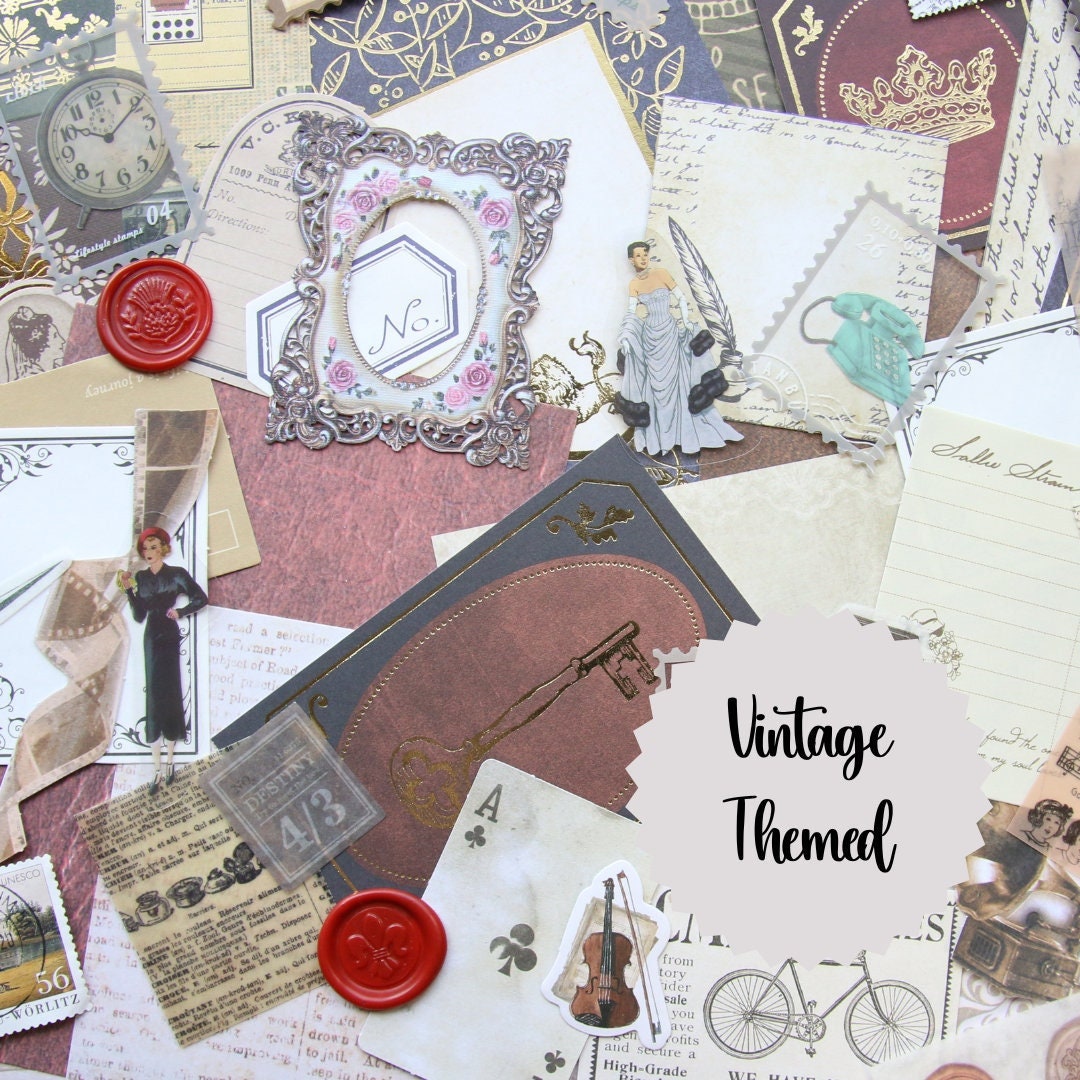 Retro Vintage Themed Junk Journal Set 30pc | Stickers, Book Pages, Wax ...