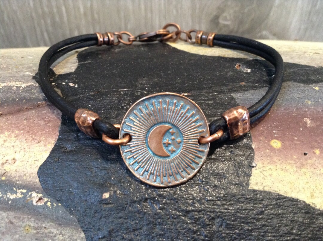 Moon and Stars Bracelet, Artisan Leather Bracelet, Copper Moon, Copper ...